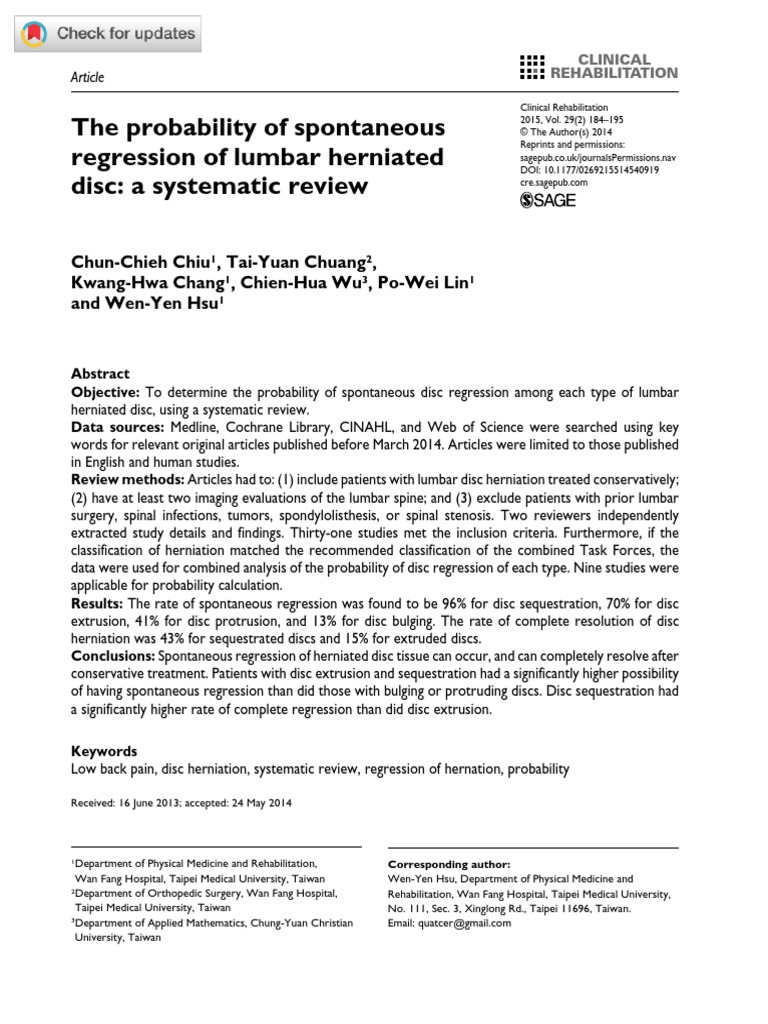 The Probability of Spontaneous Regression of Lumbar Herniated Disc - A ...