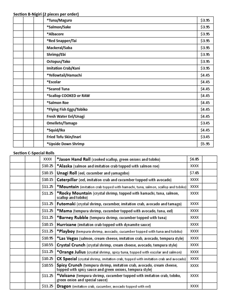 Sushi Ya Order Form Back | PDF | Sushi | Cooking