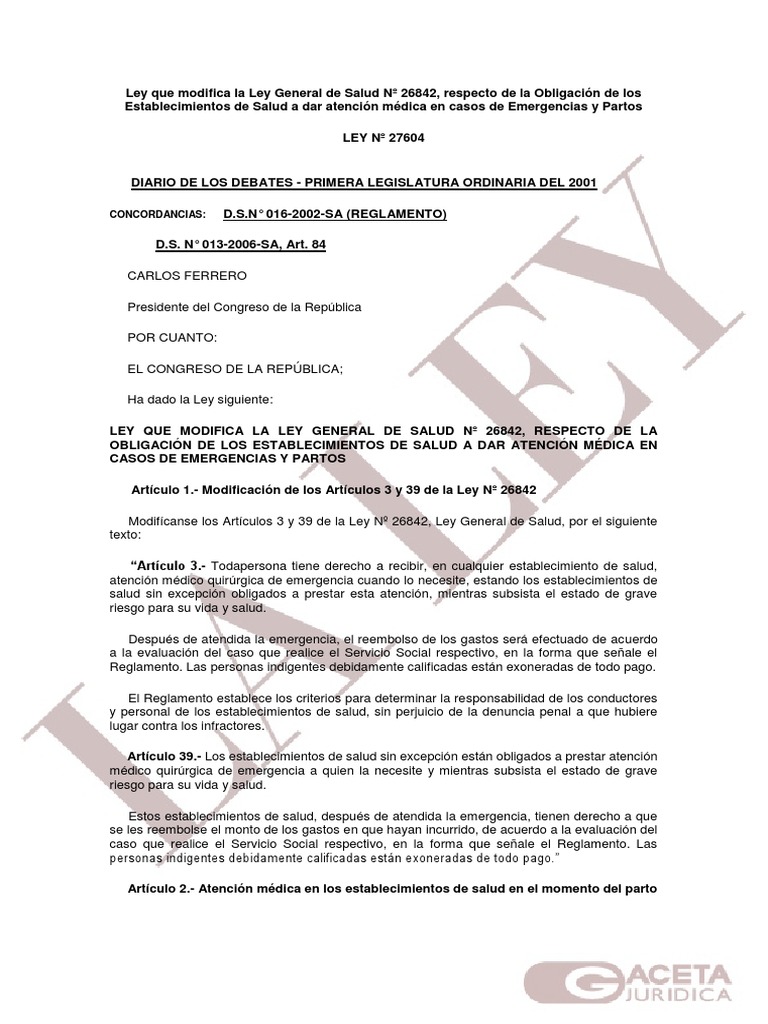 Ley #27604 Atencion de Emergencias | PDF | Ley Pública | Justicia