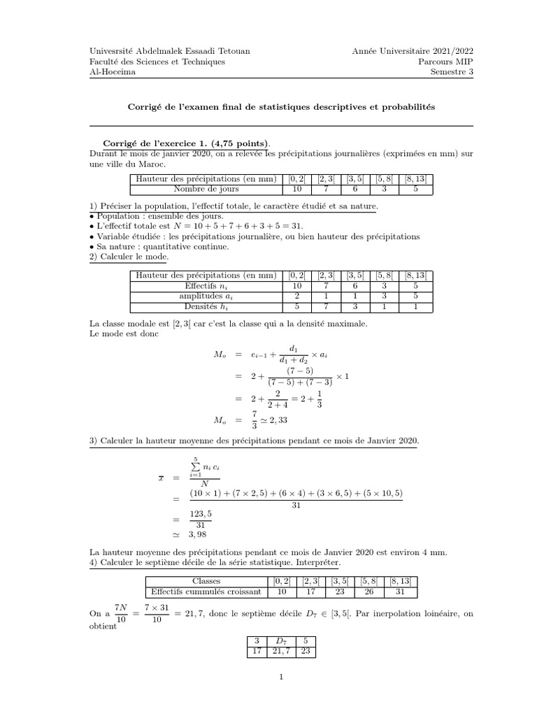 Corrige Examen Stat Proba 21-22-1 | PDF | Probabilité | Espérance mathématique