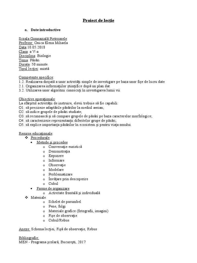 Proiect de Lectie Pasarile | PDF