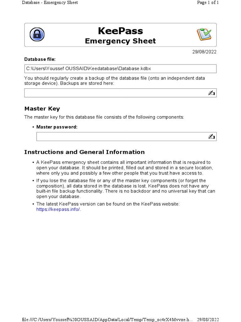KeePass Emergency Sheet Instructions | PDF