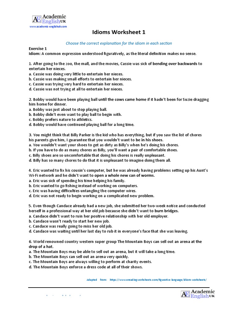 Understanding Idioms: An Exercise in Identifying Figurative Language | PDF