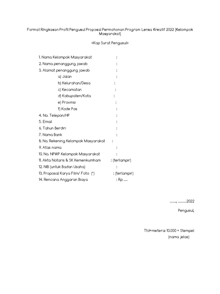 Format Ringkasan Profil Pengusul Proposal Permohonan Program Lensa Kreatif 2022 (Kelompok ...