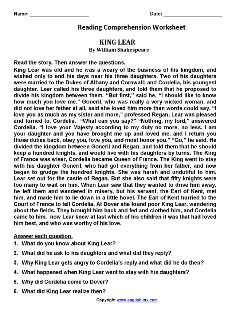 Reading Comprehension Worksheets For Grade 6 | PDF