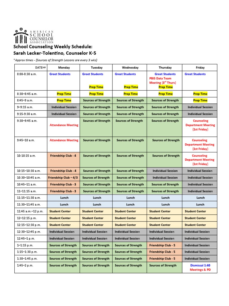 K-5 School Counselor Weekly Schedule | PDF