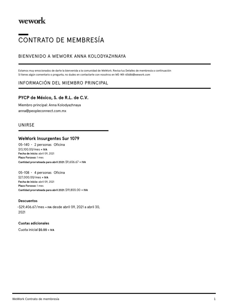 Wework Membership Agreement For Insurgentes Sur1079 | PDF | Business ...