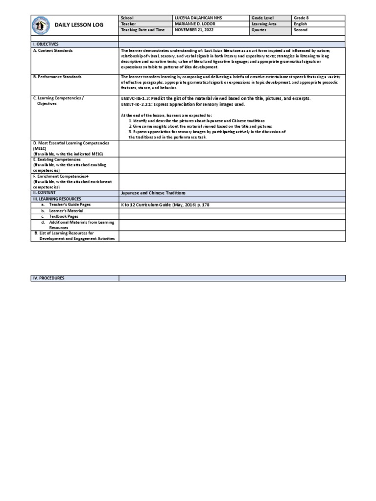 Eng8 DLP Q2W3 | PDF | Learning | Teachers