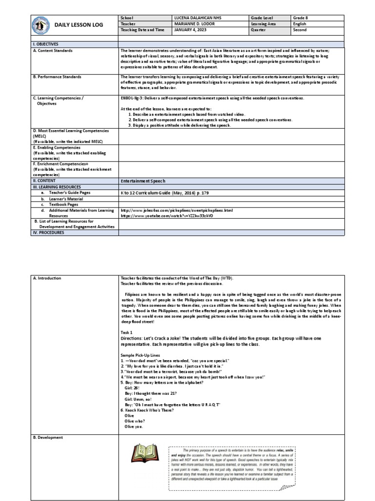 Eng8 DLP Q2W7 | Download Free PDF | Learning | Entertainment
