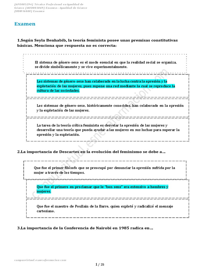 Examen sobre igualdad de género | PDF | Estudios de género | Feminismo Examen sobre igualdad de género | PDF | Estudios de género | Feminismo