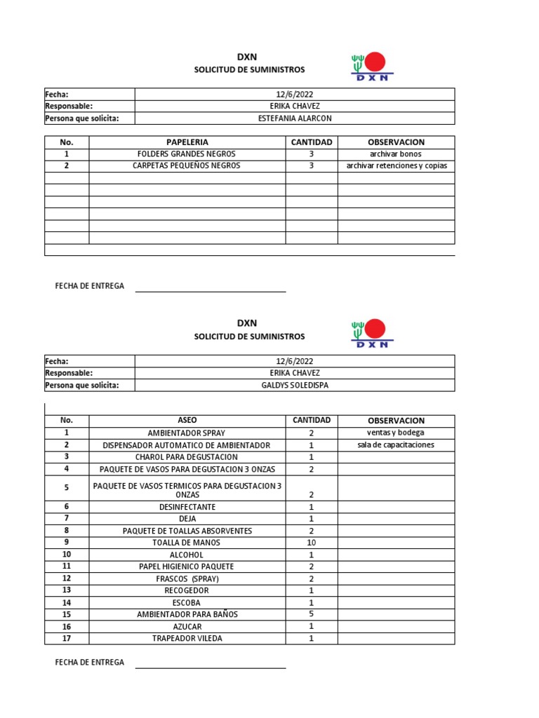 Solicitud de Suministros | PDF