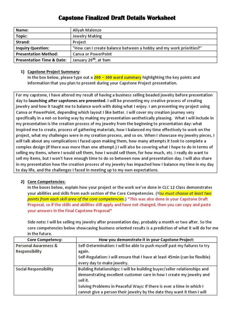 Capstone Finalized Draft Details Worksheet | PDF | Thought | Jewellery