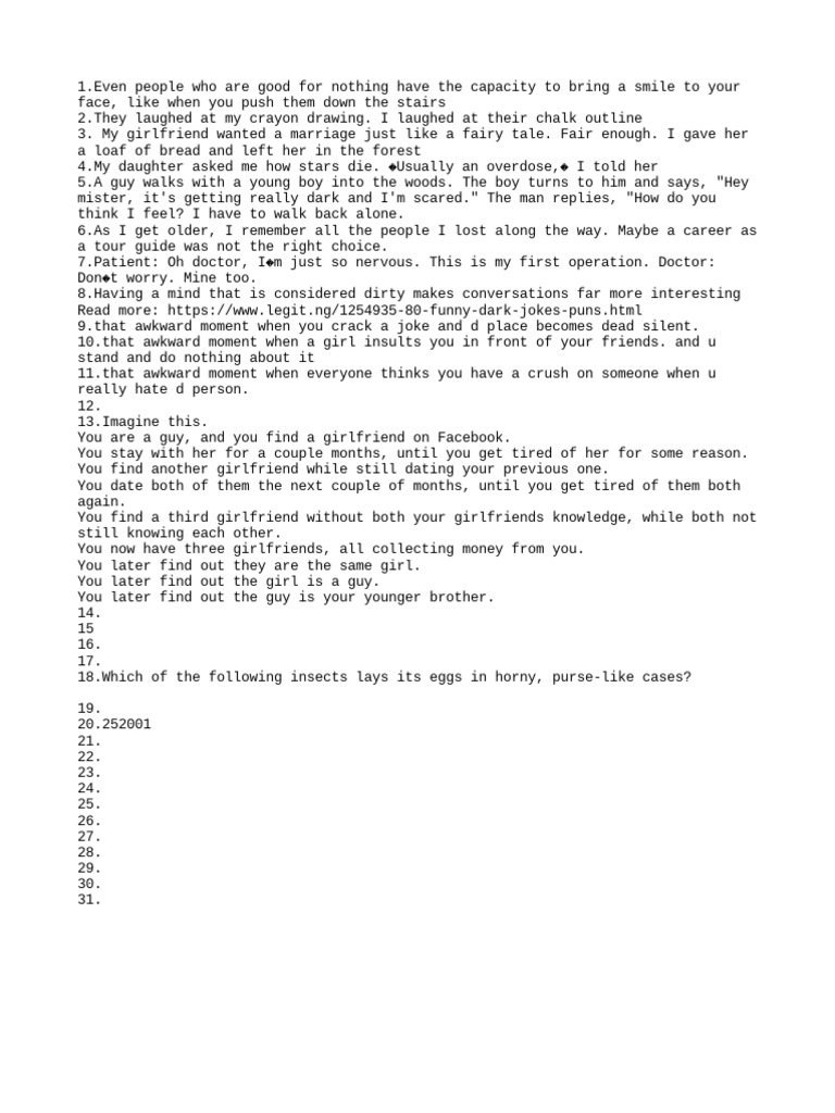 Dark Humor Jokes and One-Liners | PDF | Wellness | Mystery, Thriller ...
