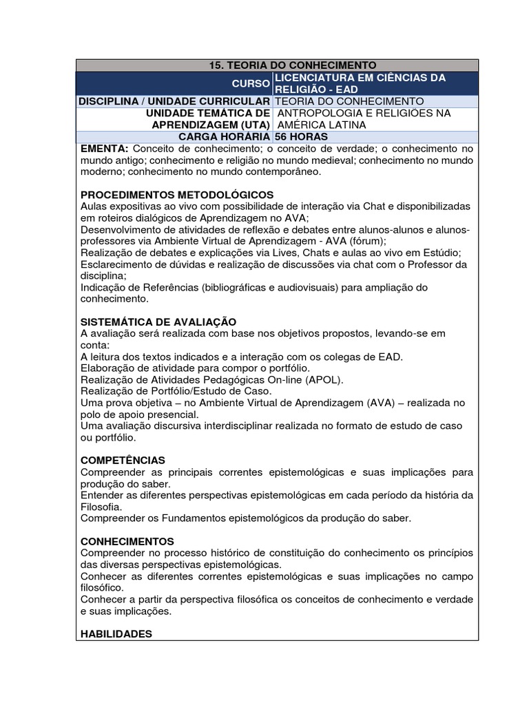 Ementa - TEORIA DO CONHECIMENTO | PDF | Conhecimento | Epistemologia