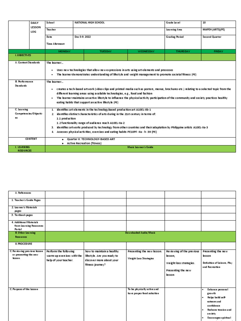 DLL - Mapeh - 10 2ND Quarter - Week 6 Arts (Pe) | PDF | Physical Fitness | Learning