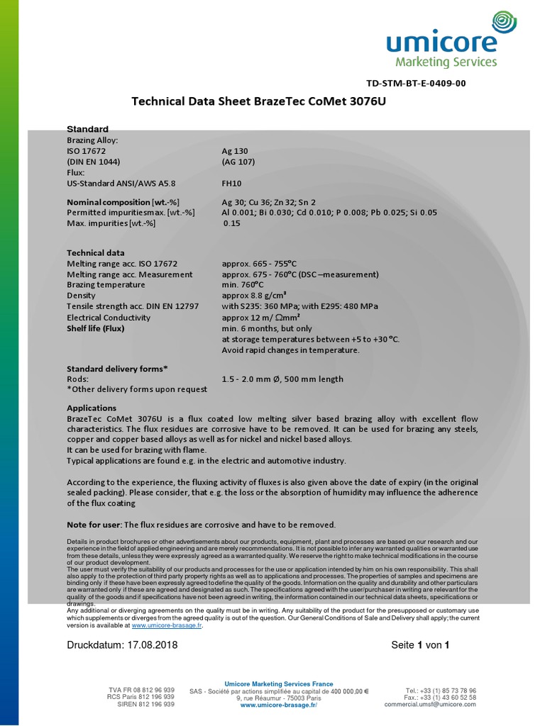 TD UMICORE BrazeTec 3076U EN | PDF | Alloy | Materials Science
