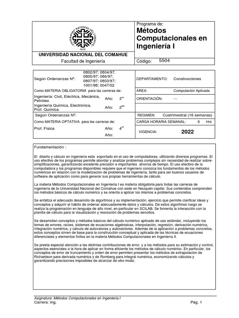 5504 - Métodos Computacionales en Ingeniería I - 2022 | Descargar gratis PDF | Valores propios y ...