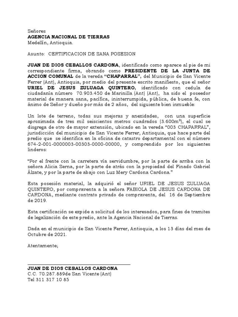 Certificados Agencia Nacional de Tierras | PDF