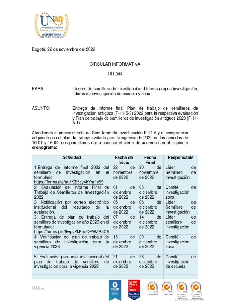 CIRCULAR VIACI No. 101.044 - 2021 - Semilleros 2022-2023 | PDF