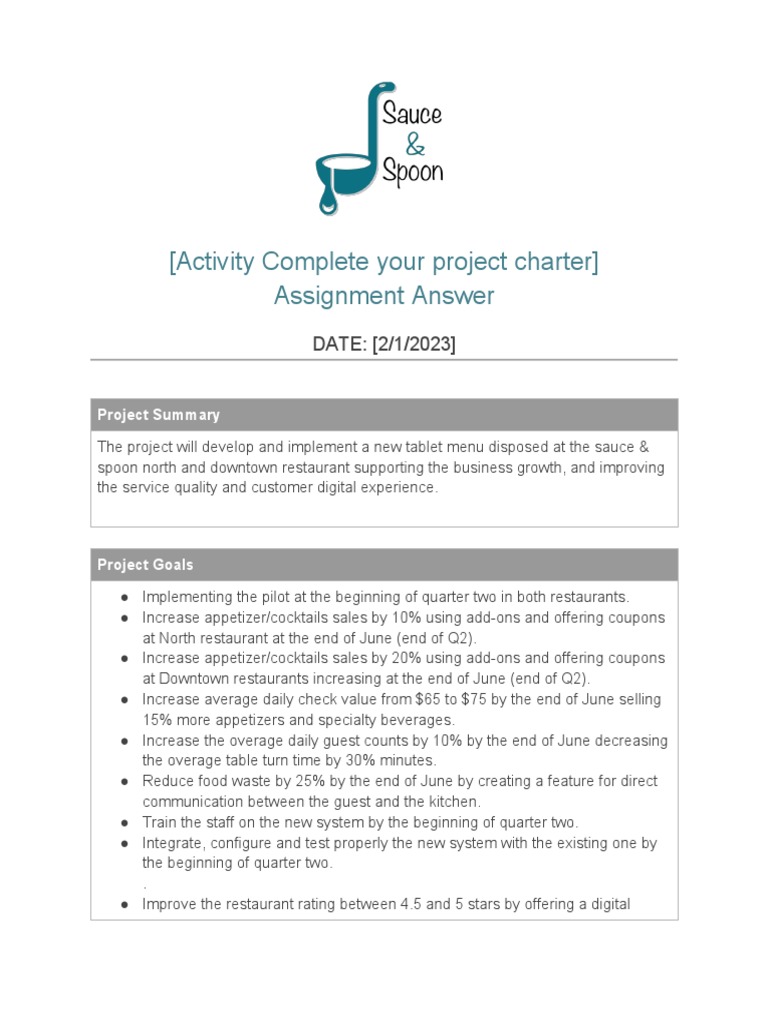Activity Complete Your - Project Charter | PDF | Menu | Restaurants Activity Complete Your - Project Charter | PDF | Menu | Restaurants
