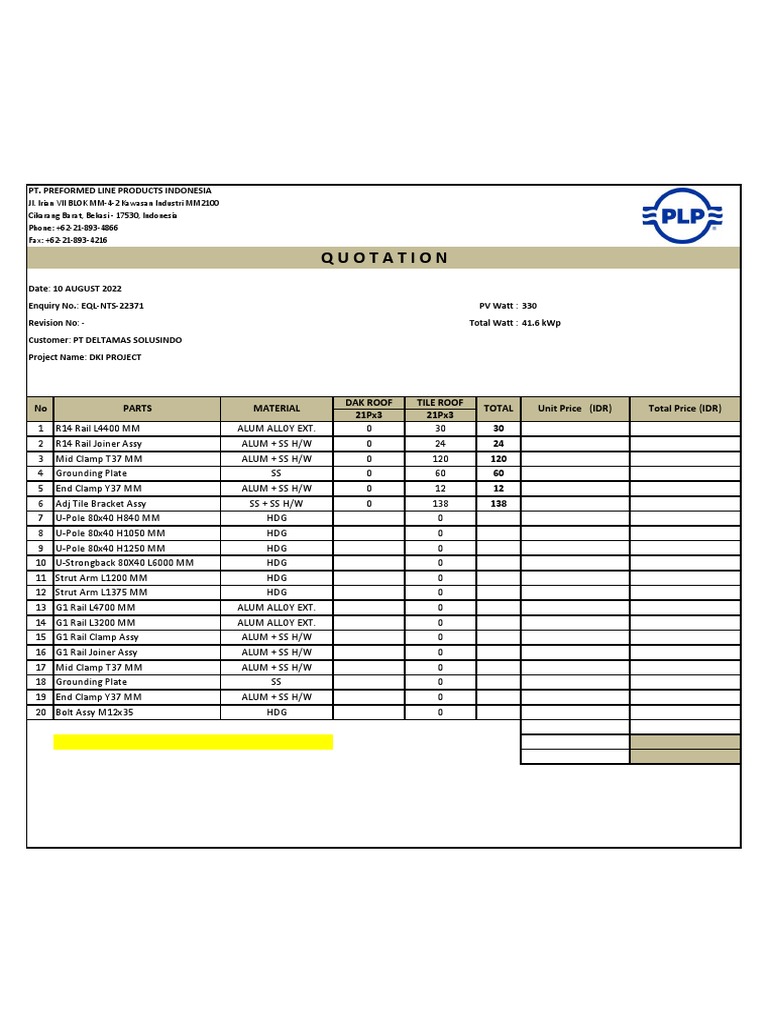 Quotation for 41.6 kWp Solar PV System for PT DELTAMAS SOLUSINDO's DKI ...