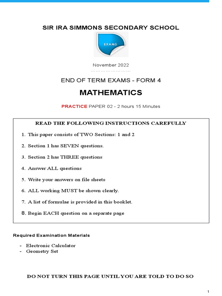 End of Term - Math - F4 - Practice Paper 2 | PDF | Area | Circle
