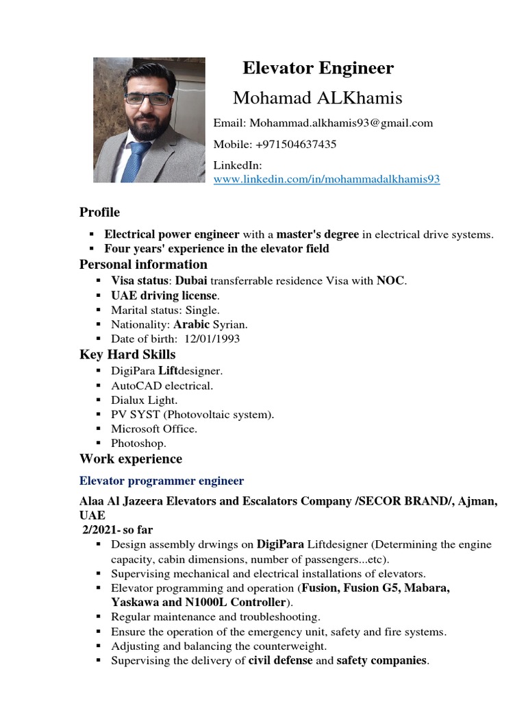 Mohammad Al Khamis Elevator Engineer (CV) | PDF | Elevator