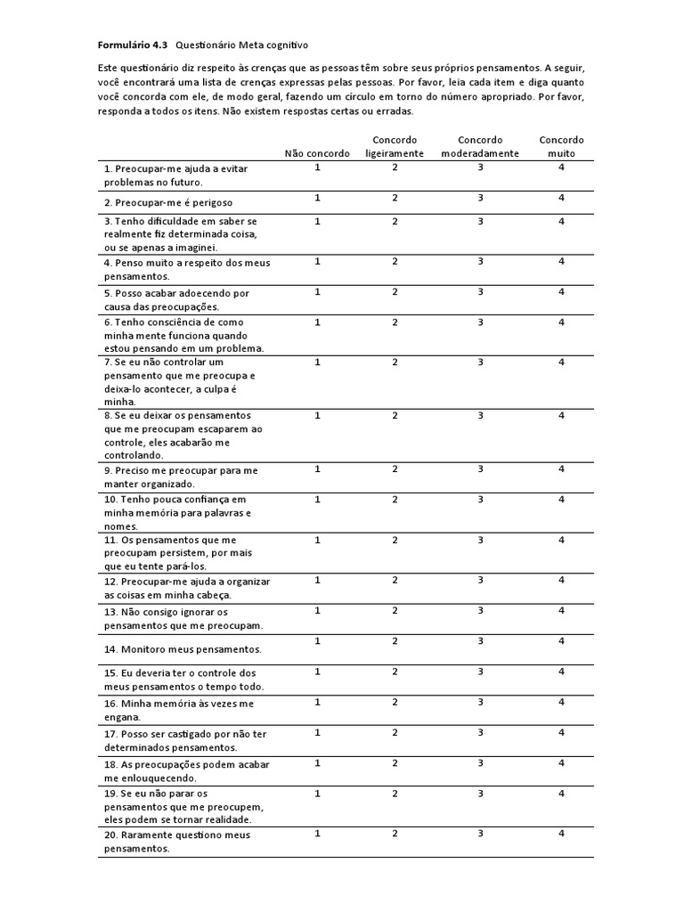 27 Questionario Metacognitivo | PDF | Pensamento