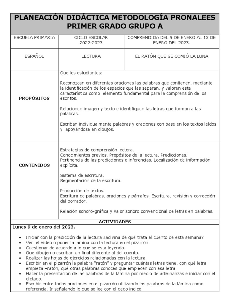 Planeación Didáctica Pronalees Semana 17 Letra R Pdf Comprensión