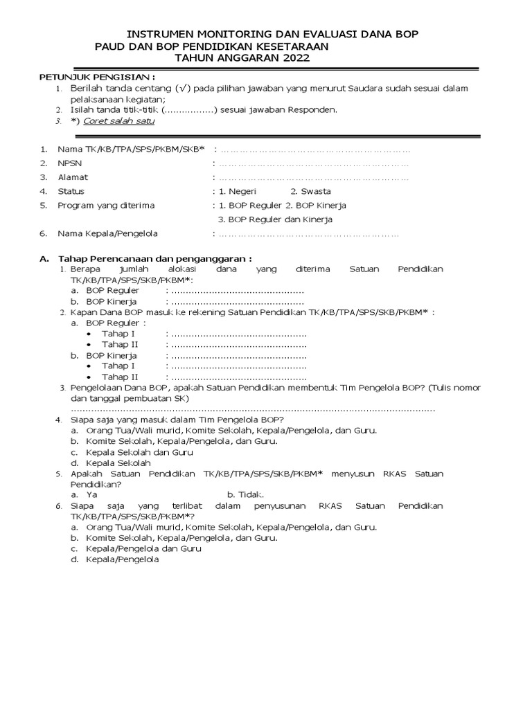 Instrumen Monev BOP 2022 | PDF