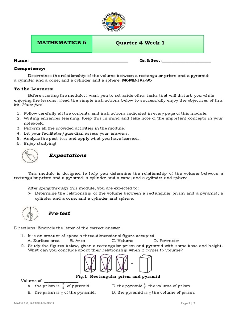 Math6 Q4 W1 | PDF | Volume | Area