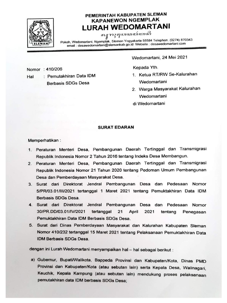 Surat Edaran Lurah Wedomartani Tentang Pemutakhiran Data IDM Berbasis SDGs Desa | PDF