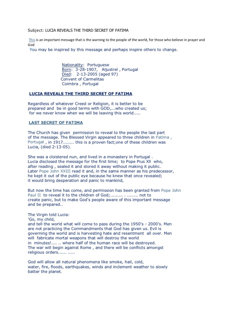 Lucia Reveals The Prophecy | PDF | Our Lady Of Fátima | Repentance