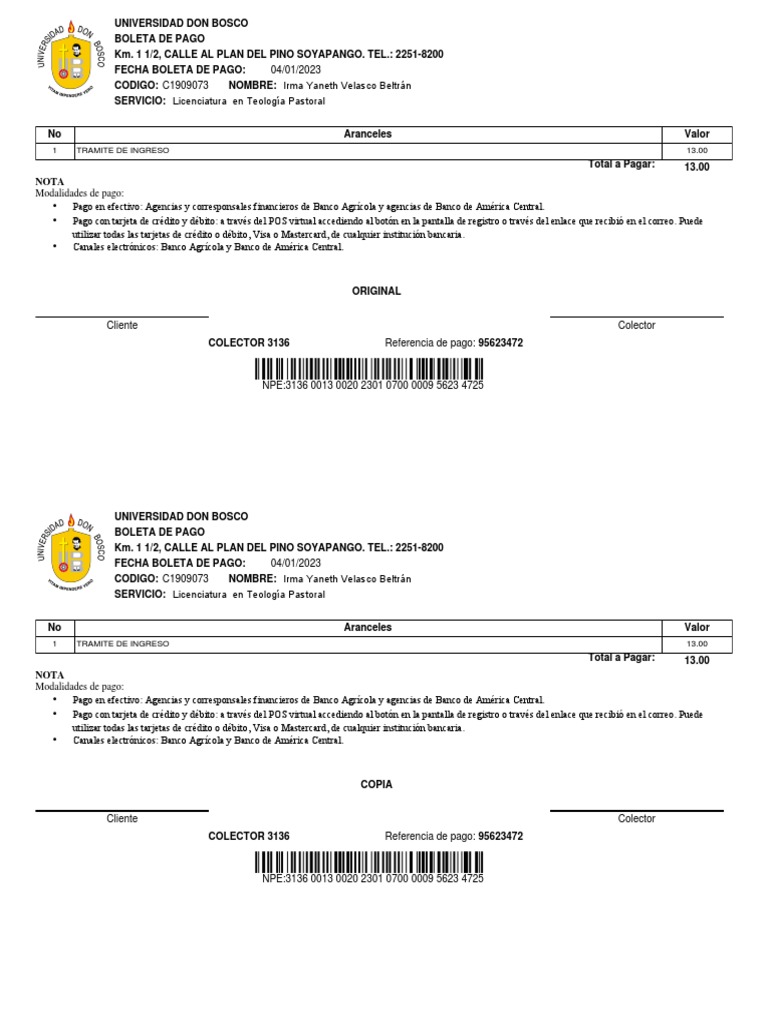 Boleta de Pago Universidad Don Bosco | PDF | Tarjeta de débito | Visa Inc.