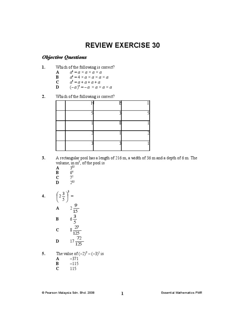 Review Exercise 30 Objective) | PDF | Teaching Mathematics
