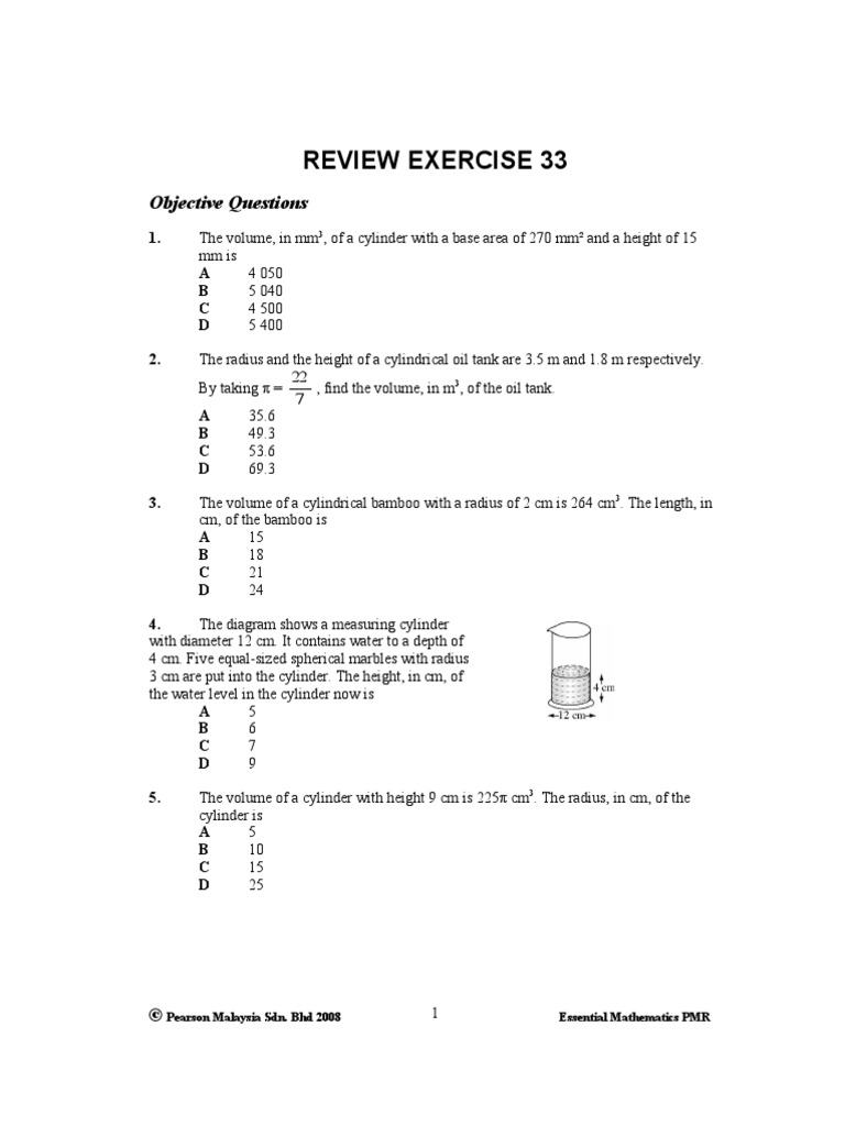 Review Exercise 33 Objective) | PDF | Sphere | Volume