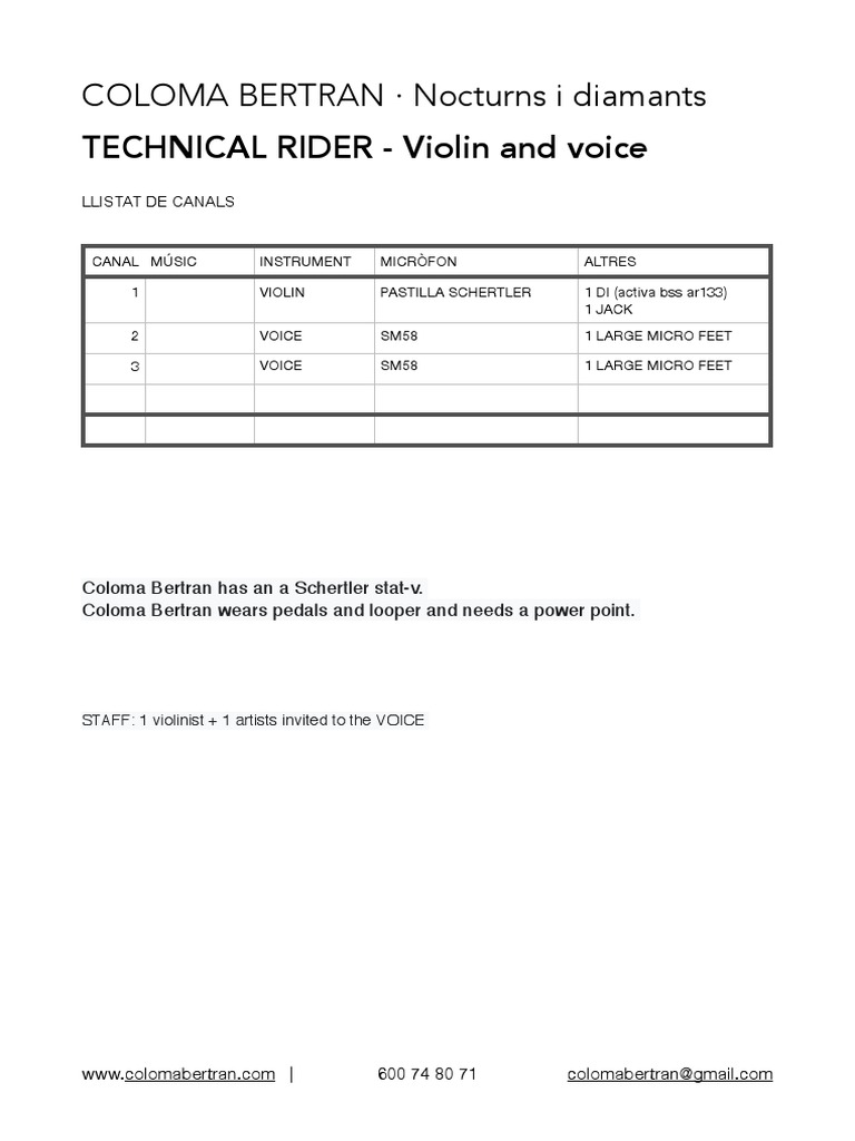 TECHNICAL RIDER - Violin & Voice | PDF