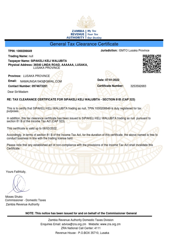 Tax Clearance Certificate New | PDF