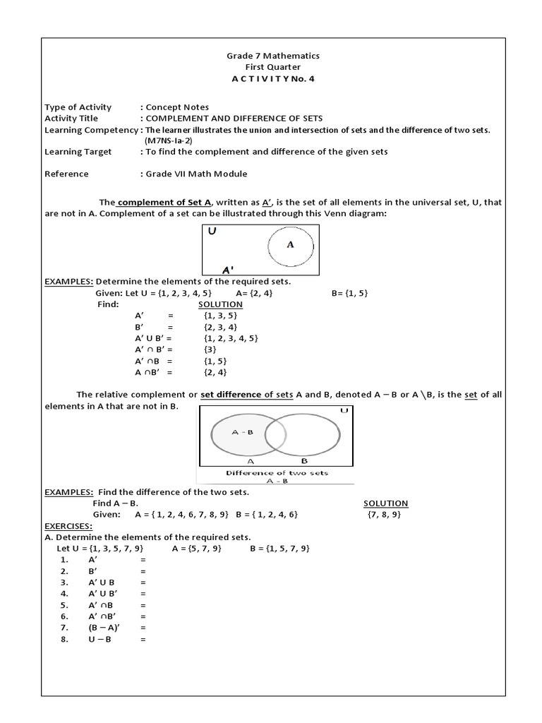 Activity No. 4 Complement of A Set | PDF