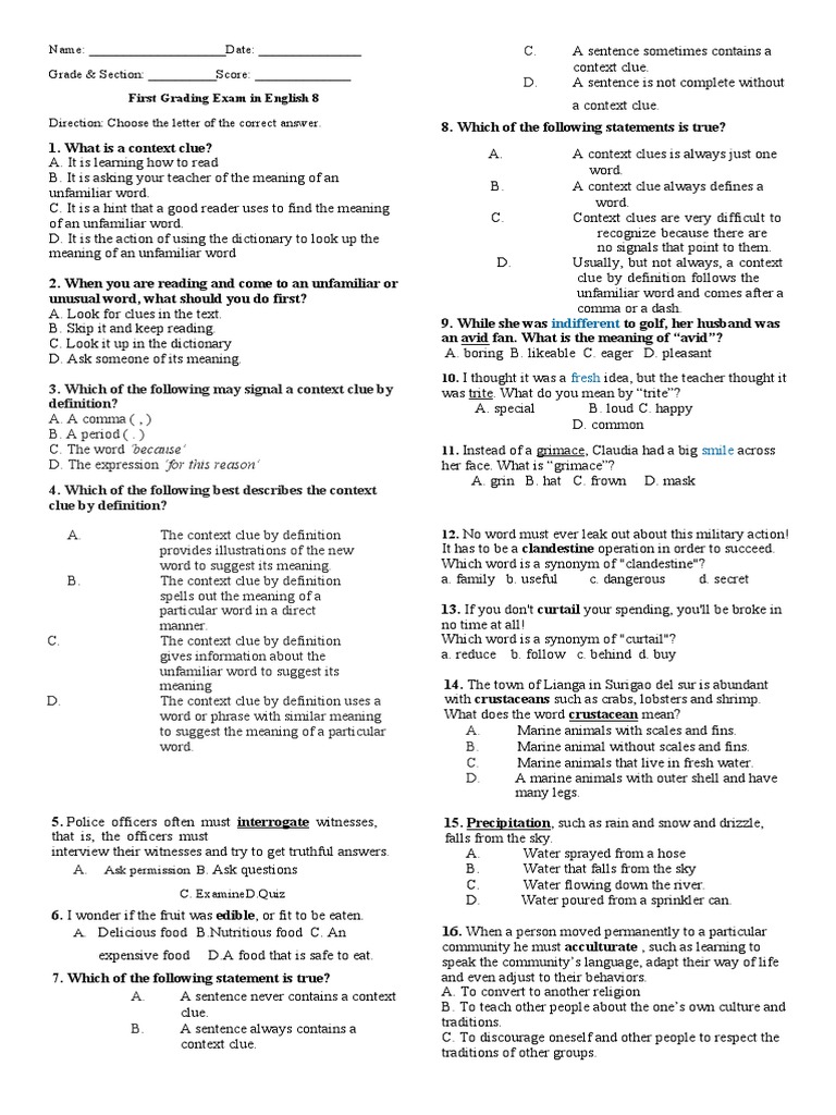 First Quarter Test English 8 STE | PDF | Verb | Bibliography