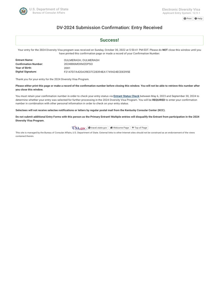 Confirmation of Diversity Visa Program Entry for 2024 | PDF | Travel ...