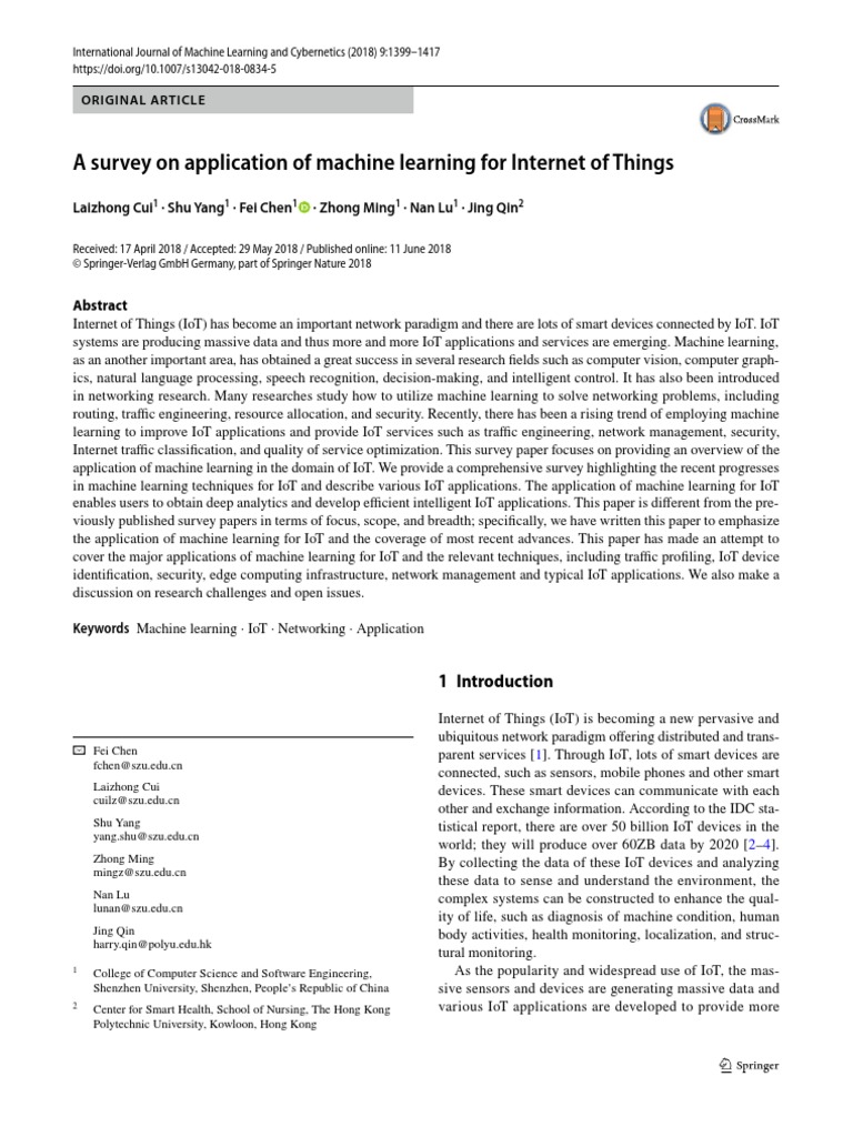 A Survey On Application of Machine Learning For Internet of Things | PDF | Internet Of Things ...