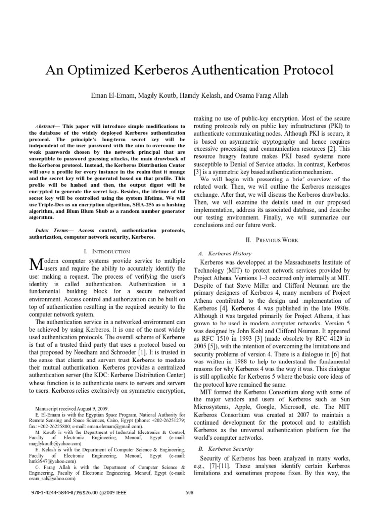 An Optimized Kerberos Authentication Protocol: Eman El-Emam, Magdy Koutb, Hamdy Kelash, and ...