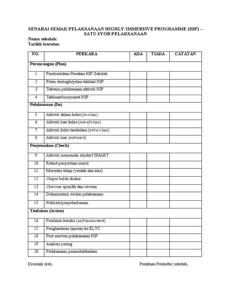 Senarai Semak Pelaksanaan Highly Immersive Programme | PDF