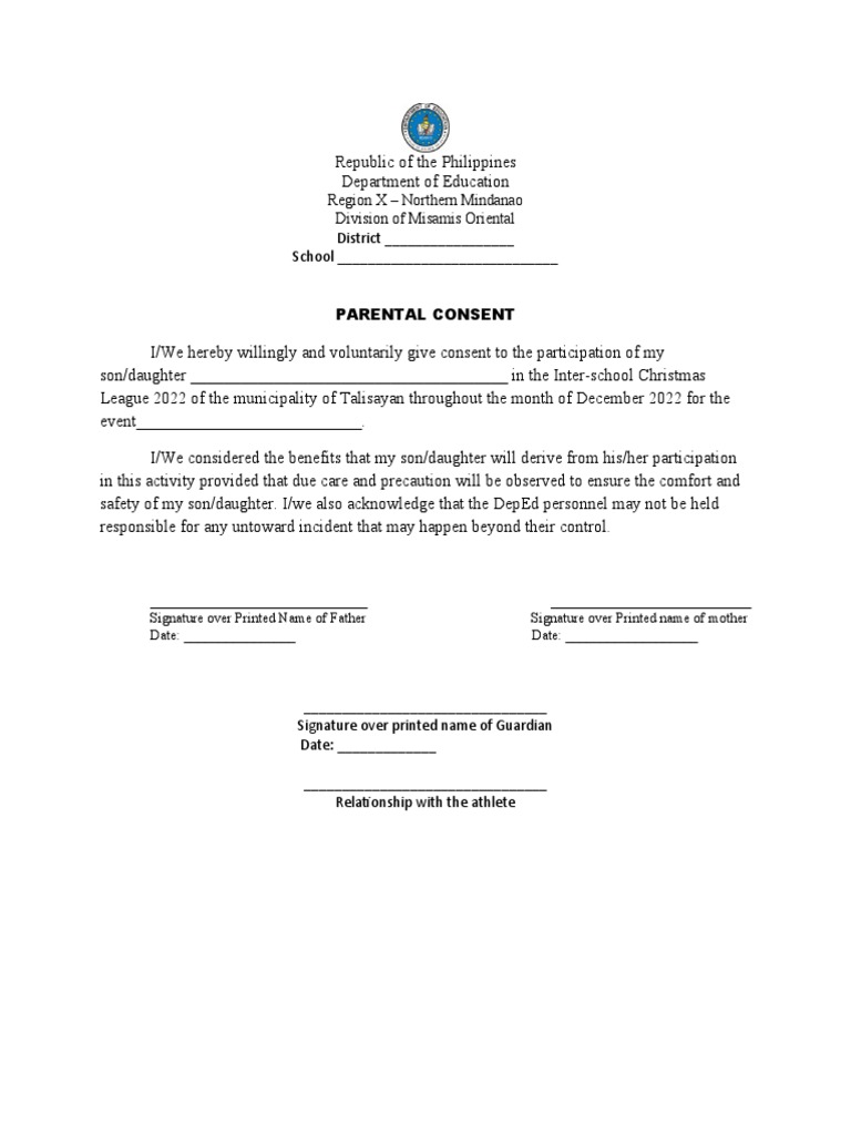 Parental Consent For Athletes | PDF