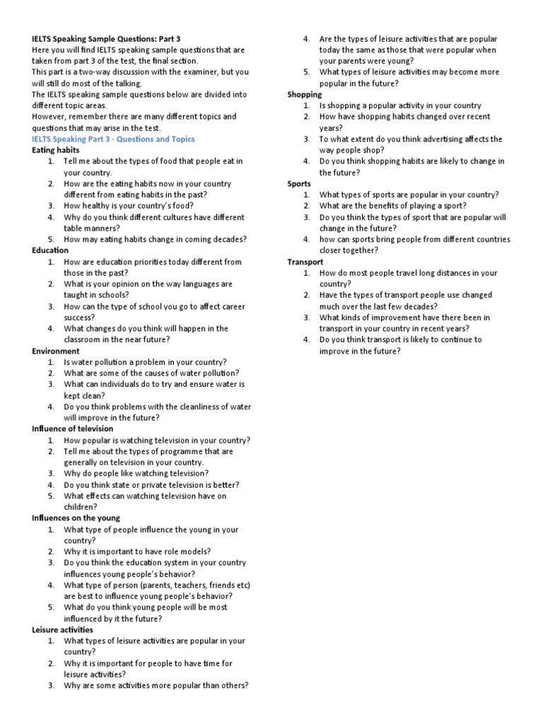 IELTS Speaking Part 3 Sample Questions | PDF | International English ...