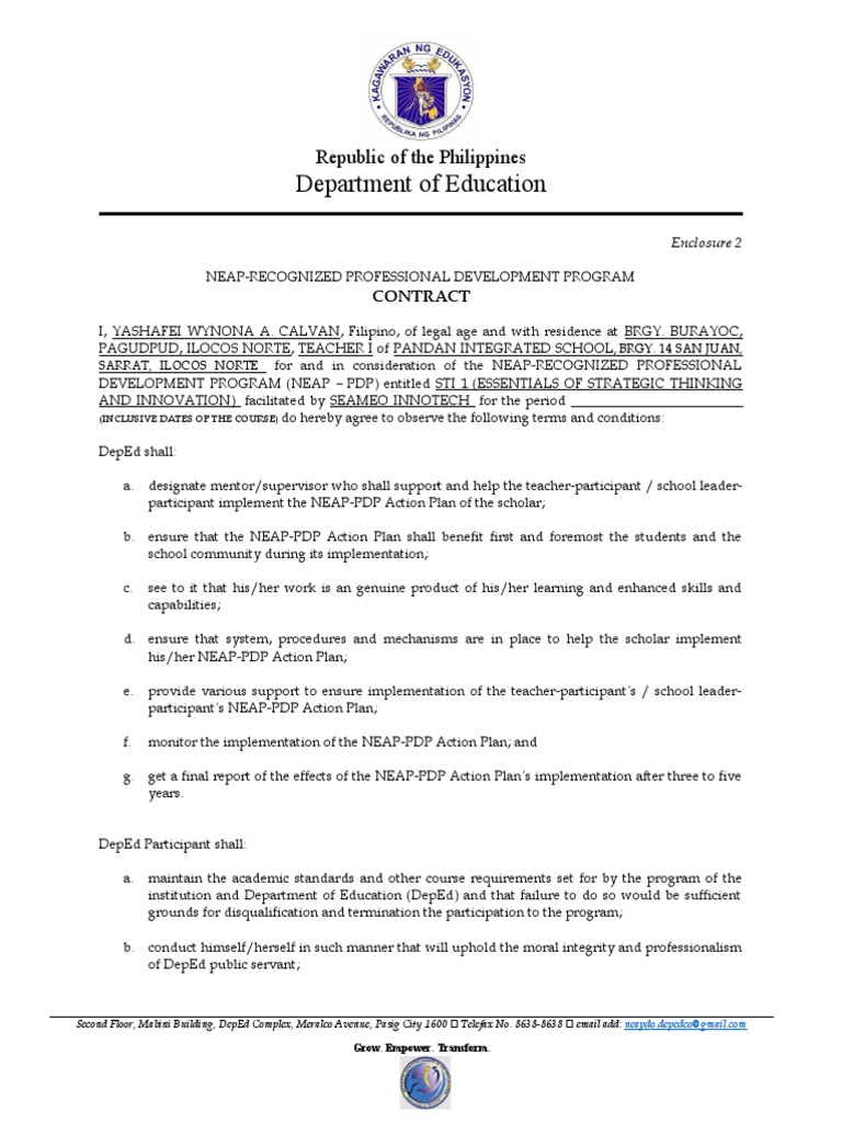 Professional Development Contract for Teacher Participant in the NEAP ...