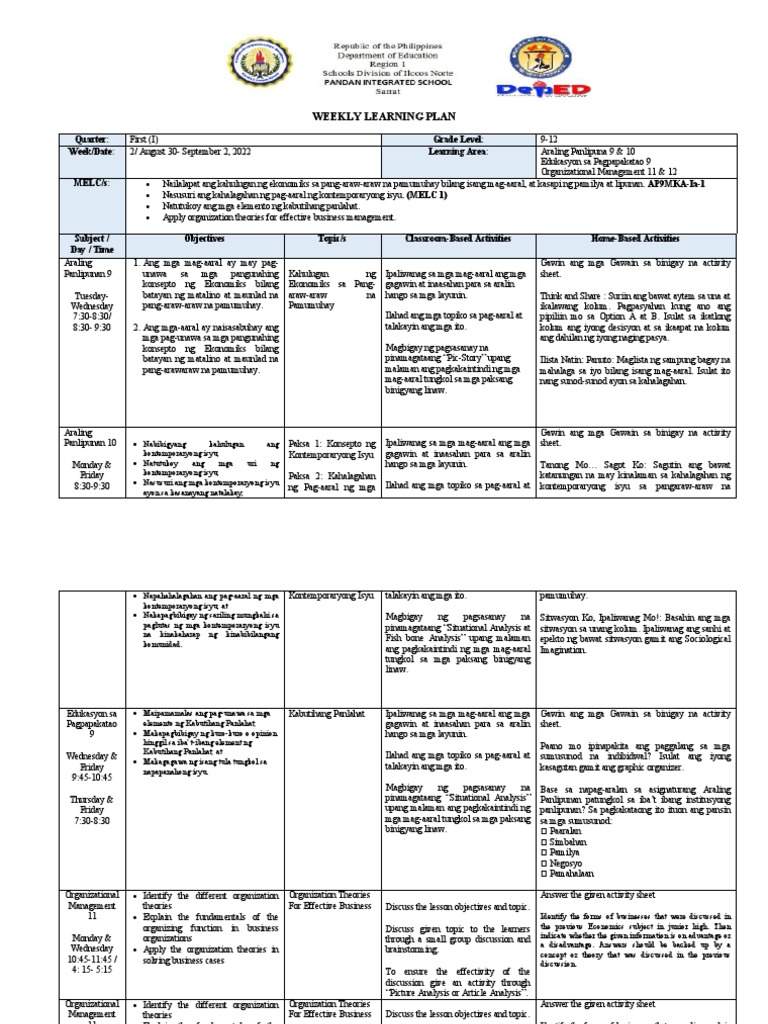 WEEKLY LEARNING PLAN - Week 2 | PDF
