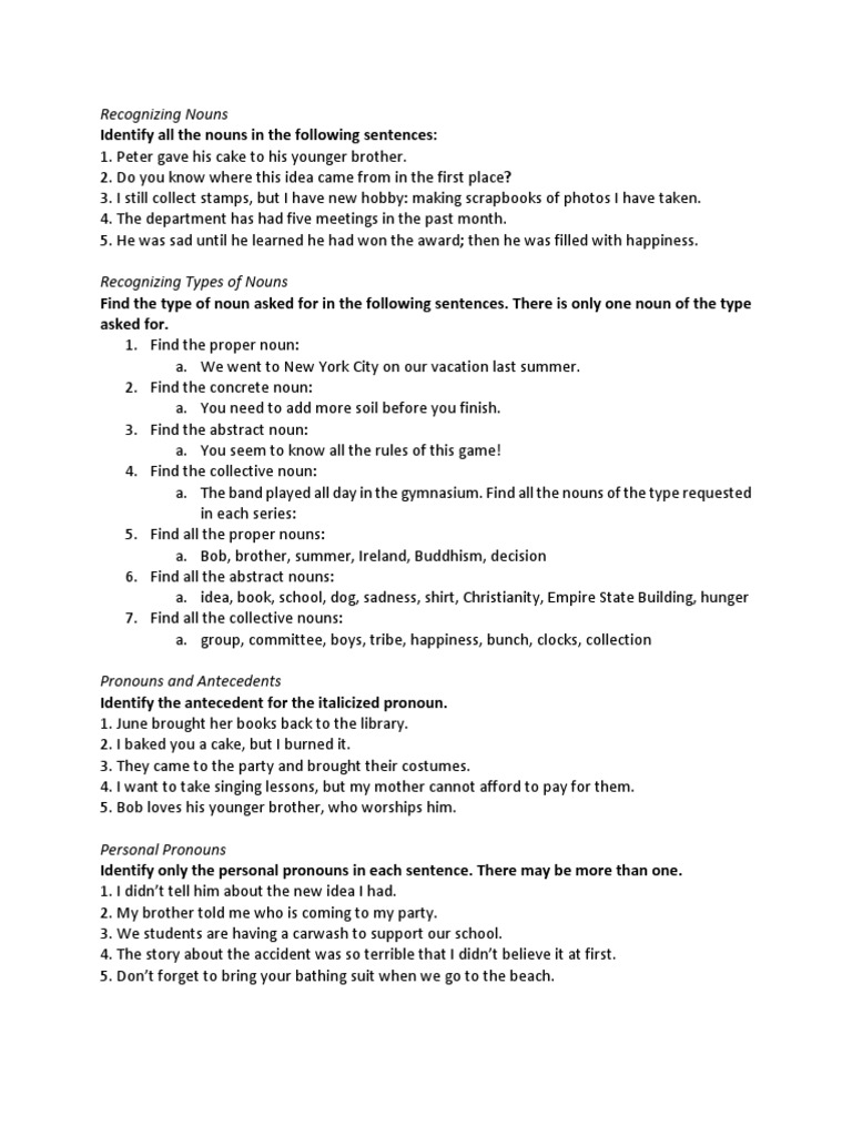 Nouns and Pronouns Identification Worksheet | PDF | Pronoun | Sentence ...