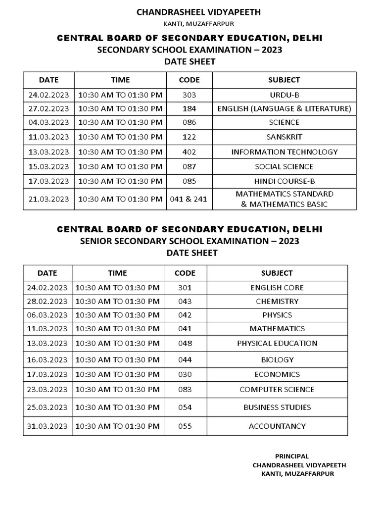 Exam Date Sheet | PDF